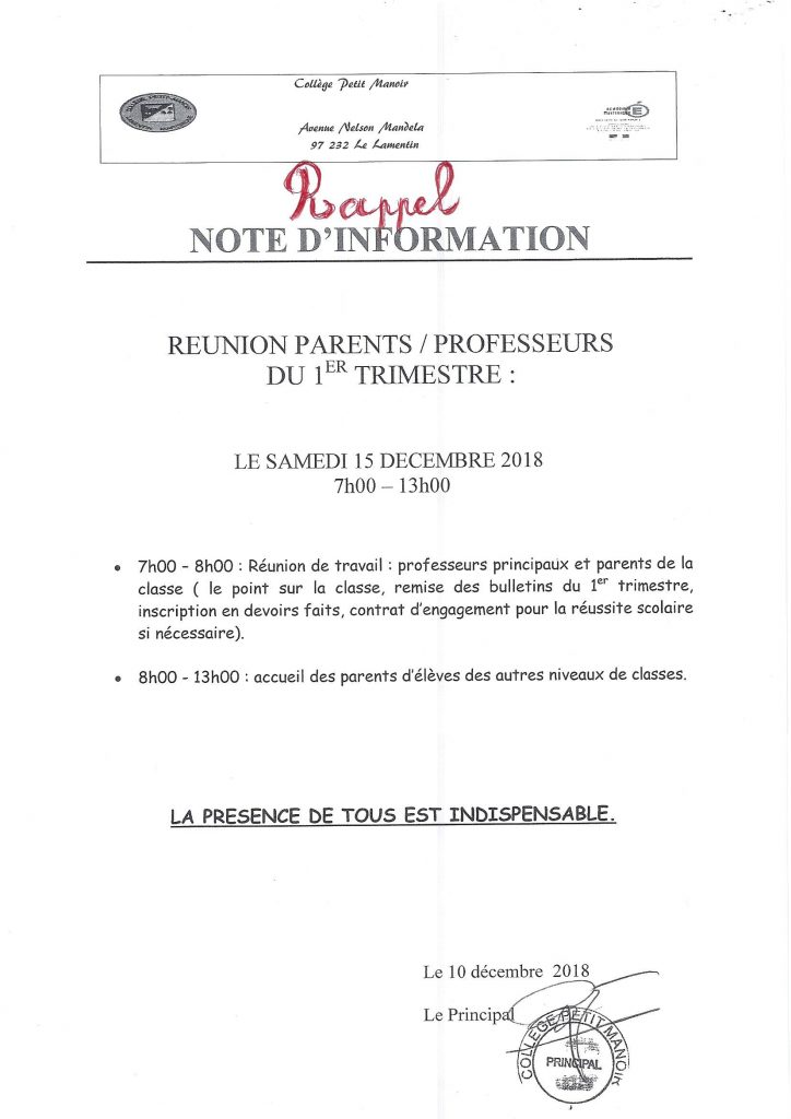 RAPPEL : RÉUNION PARENTS/PROFESSEURS - Collège Petit Manoir